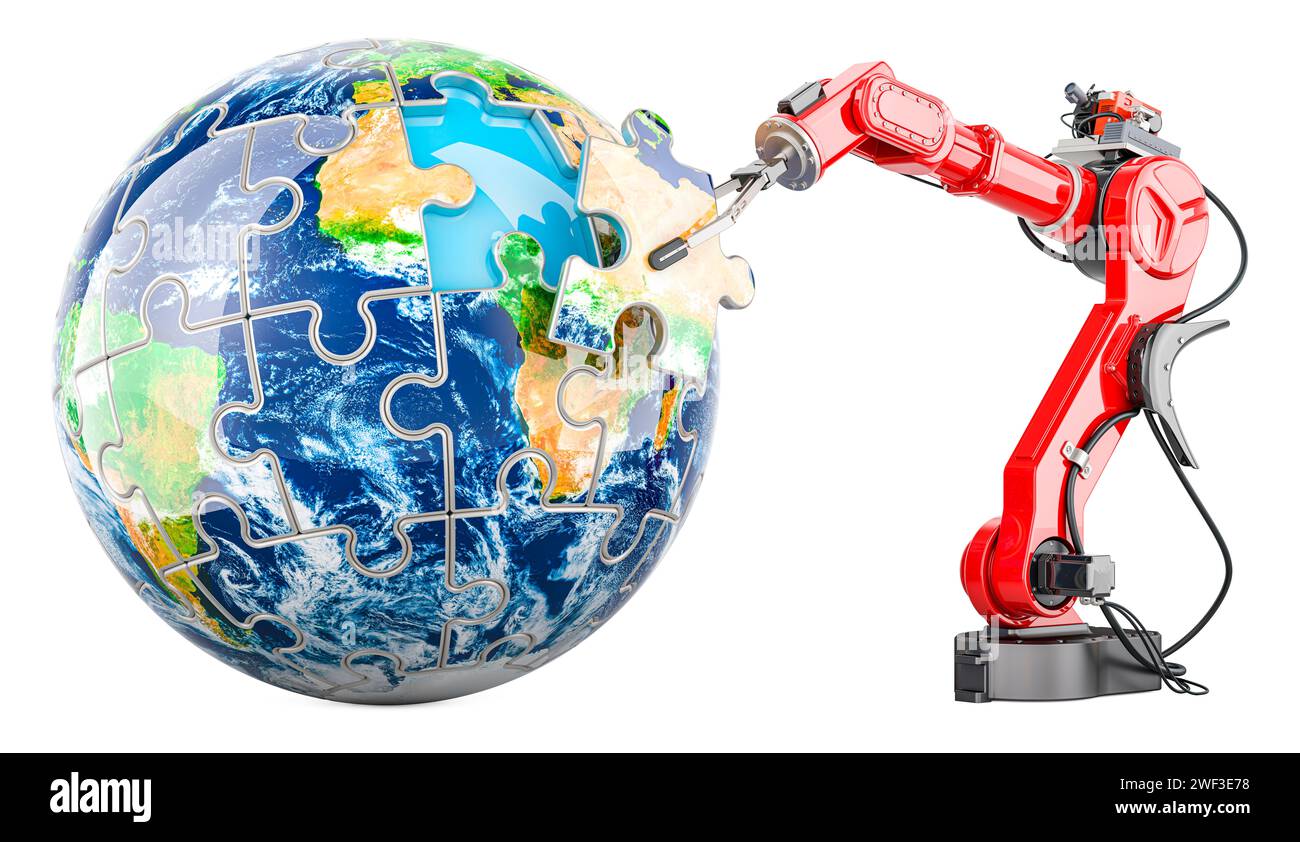 Robotic arm with Earth Globe from puzzle. Global Automation ...