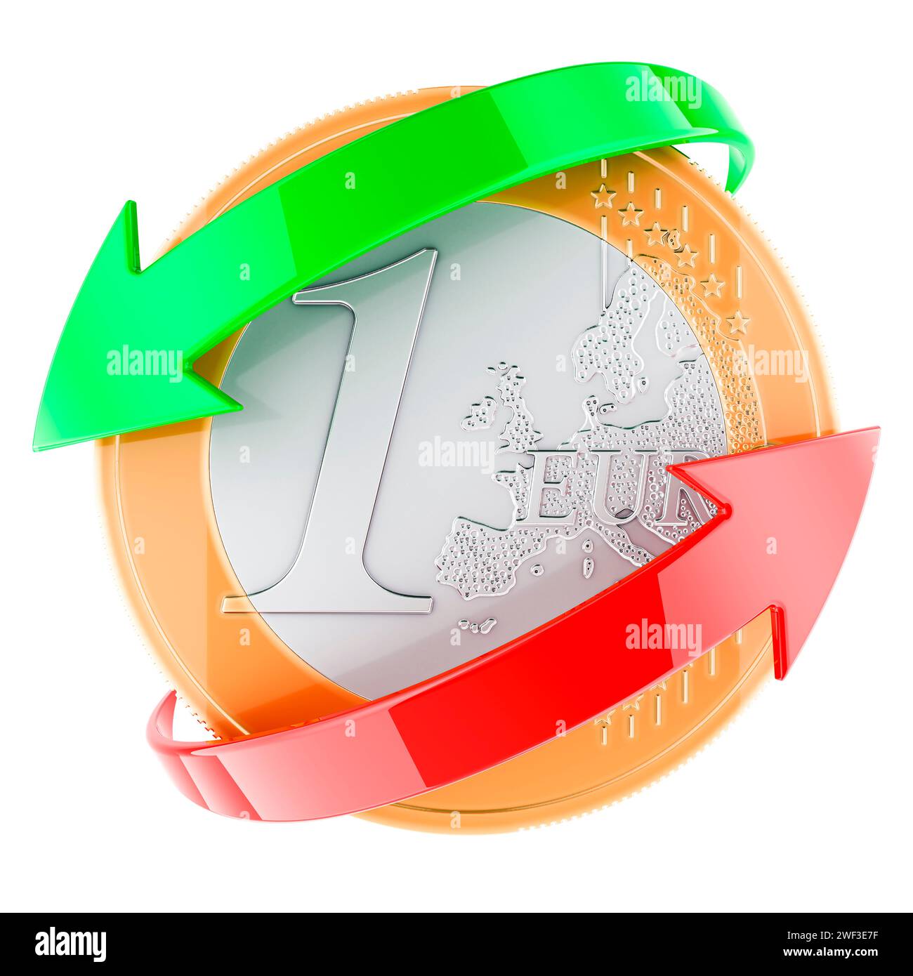 Transfer, exchange or conversion of euro, concept. Euro coin with red ...
