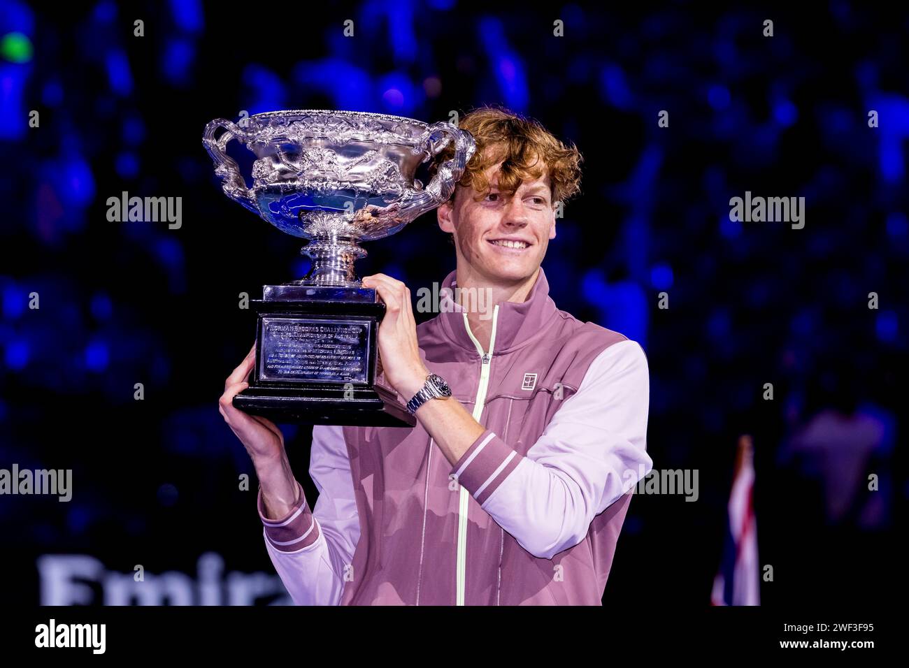MELBOURNE, VIC - JANUARY 28: Jannik Sinner of Italy poses for photos with his trophy after ...