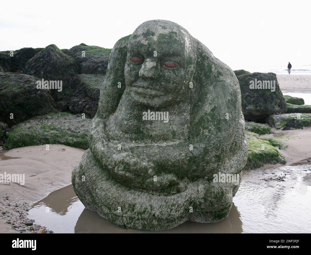A view of the Stone Ogre on Cleveleys beach, Lancashire, United Kingdom ...