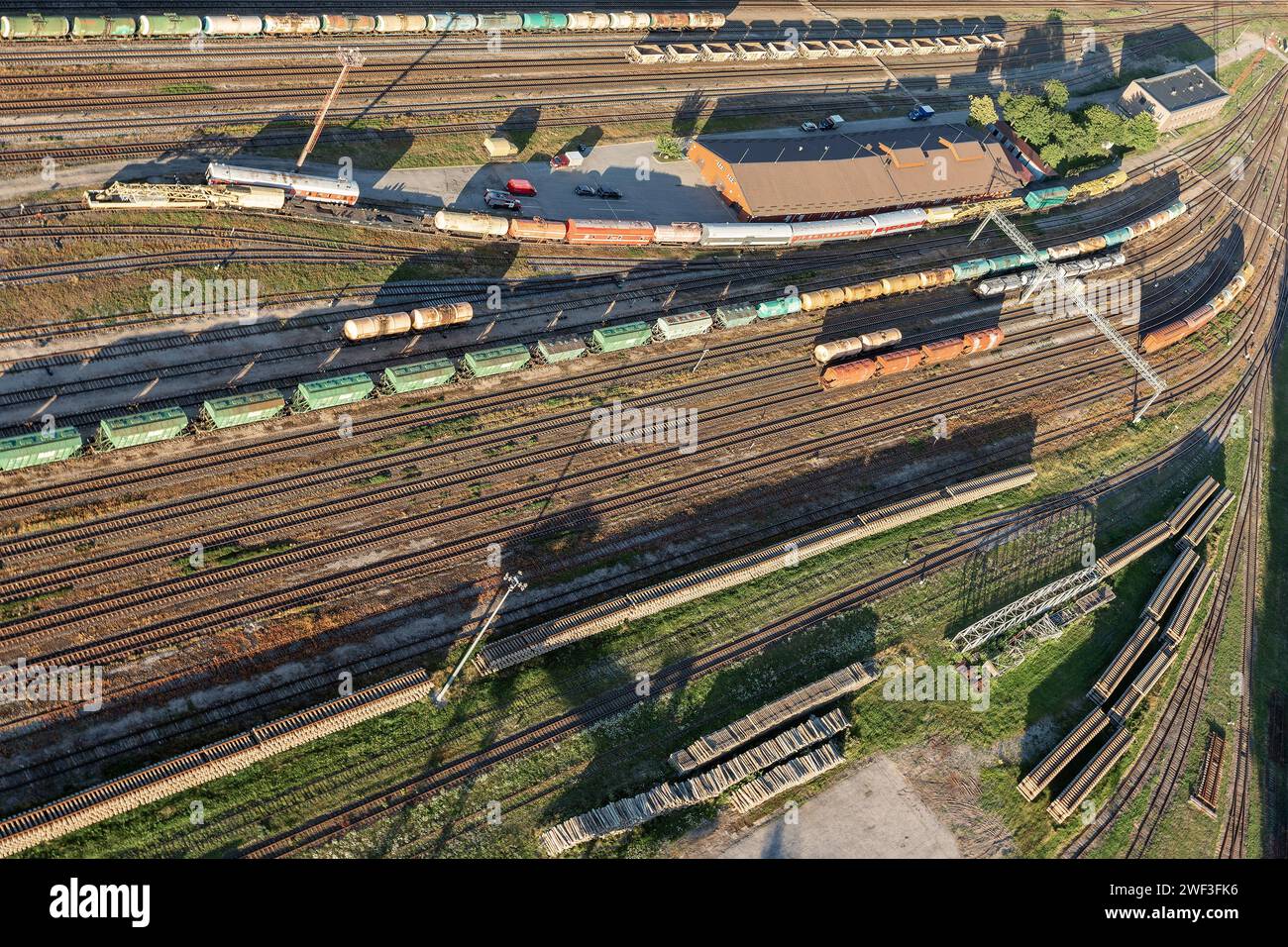 Railway station and train tracks, top view, city of Klaipeda, Lithuania ...