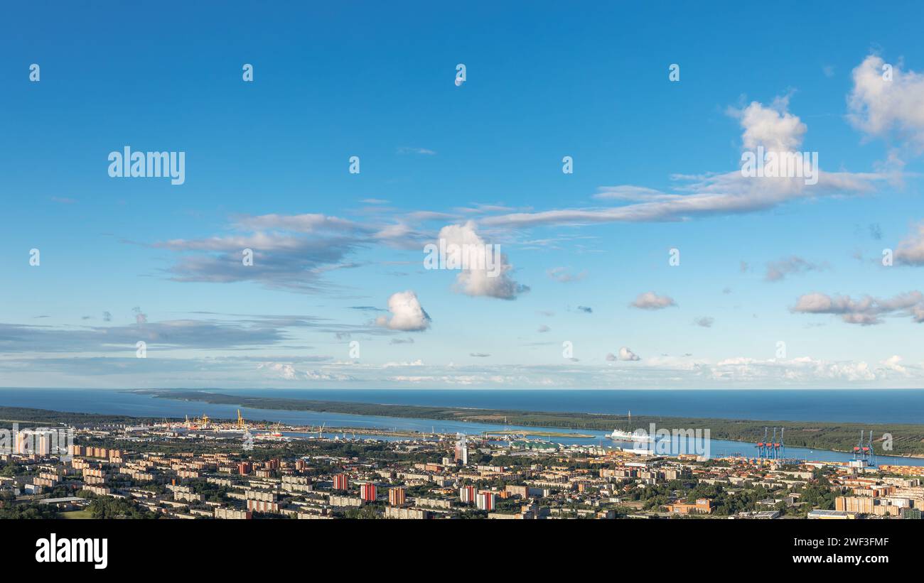 Morning clear sky with moon over Klaipeda city and lagoon Stock Photo ...