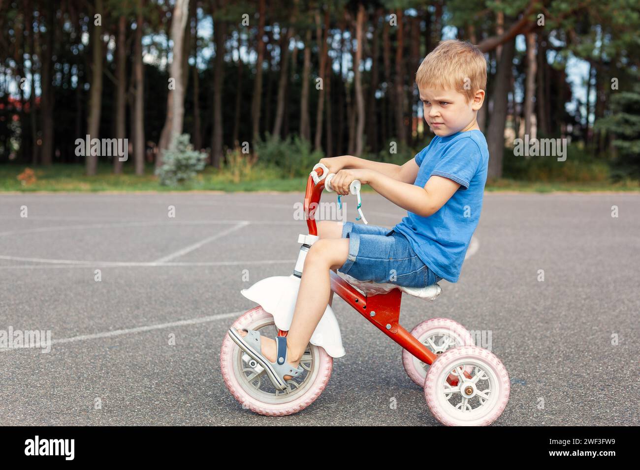 Cute little boy riding a tricycle in a city park, profile picture Stock ...