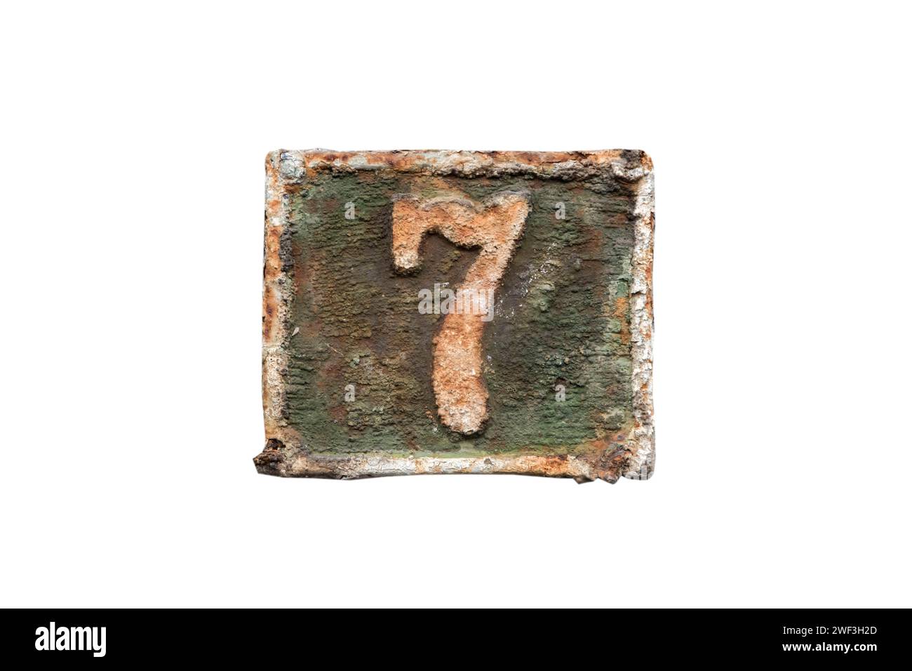 Old retro weathered cast iron plate with number 7 closeup isolated on ...