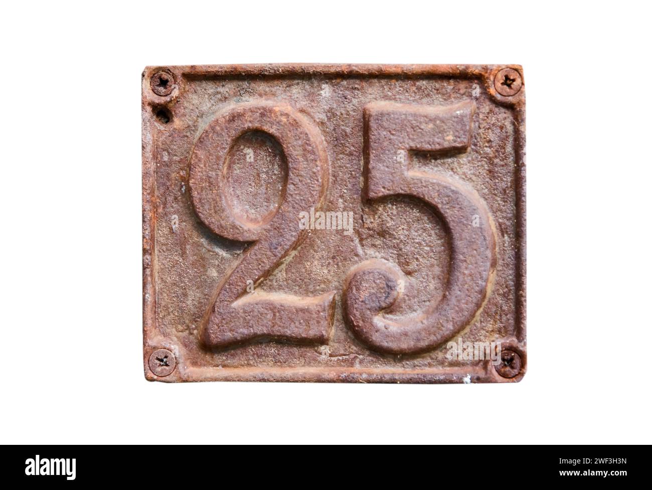 Old retro weathered cast iron plate with number 25 closeup isolated on ...