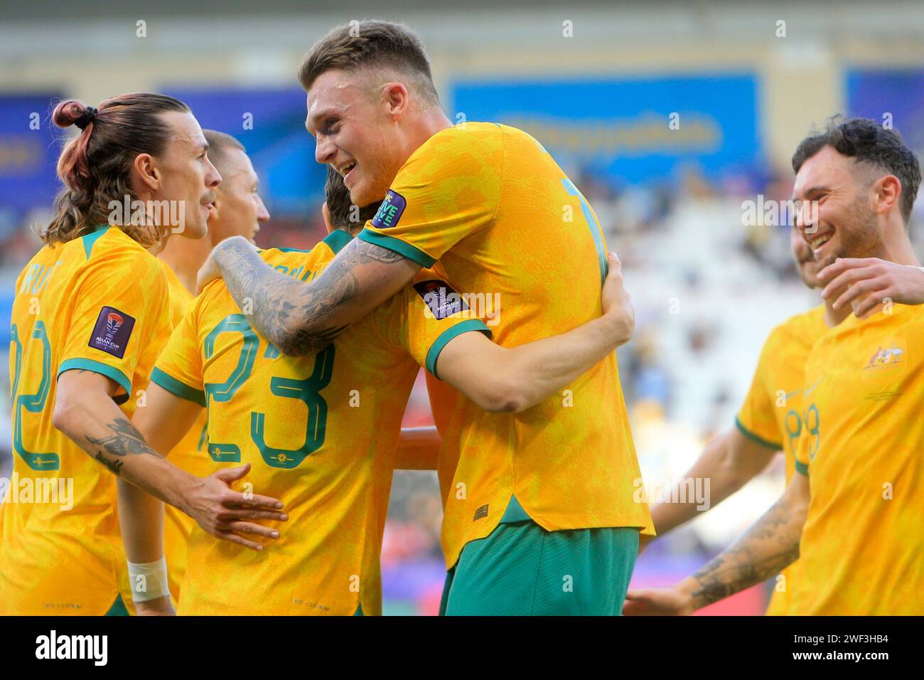 Australian players celebrate after scoring third goal during the Asian ...