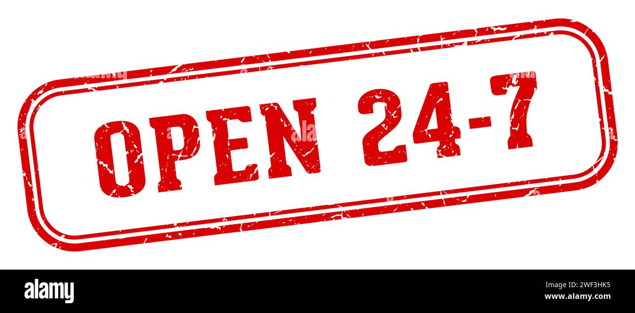 open 24 7 stamp. open 24 7 rectangular stamp isolated on white ...