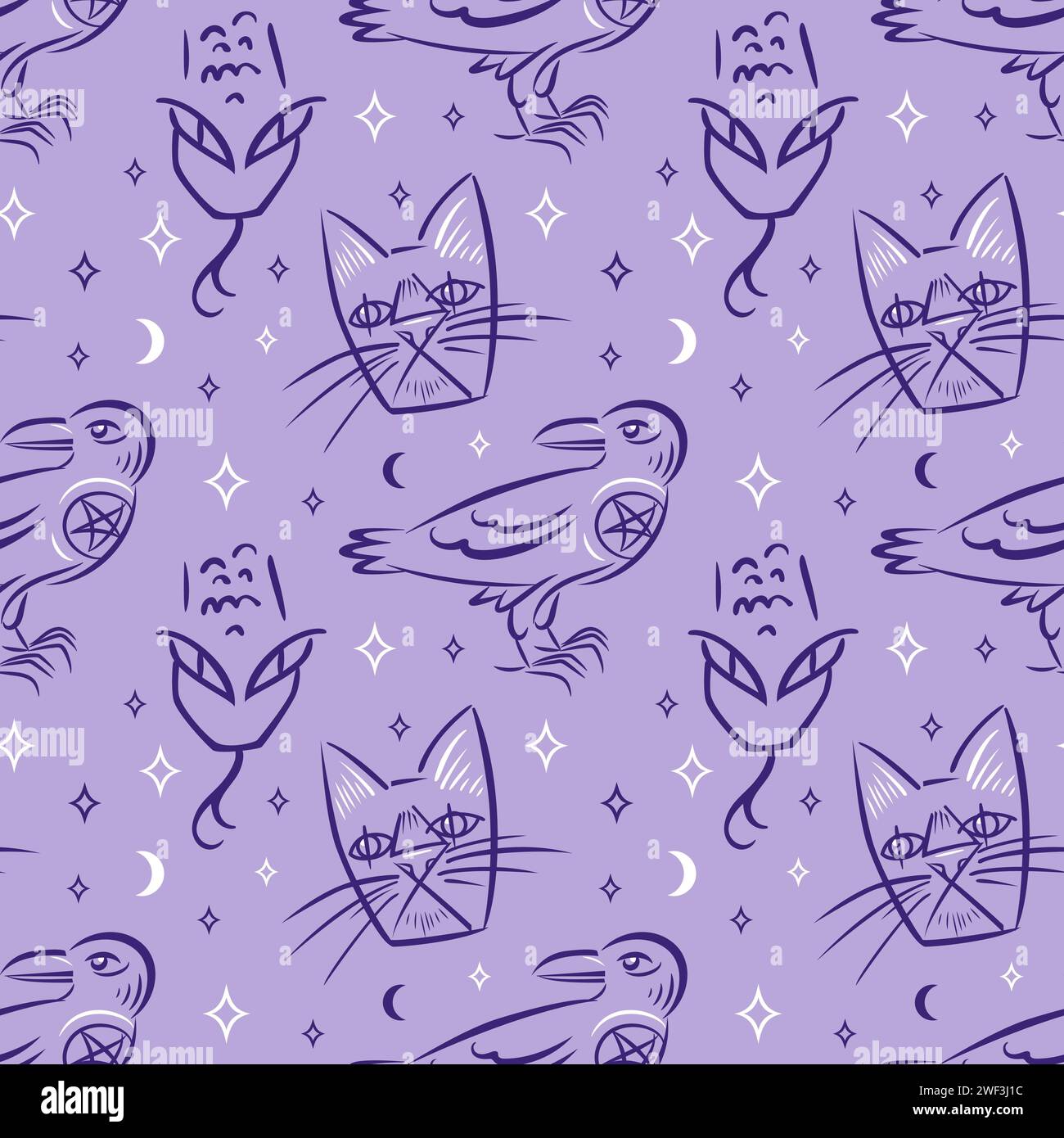 Familiar spirit, seamless pattern. Raven with witch symbol, star. Snake ...