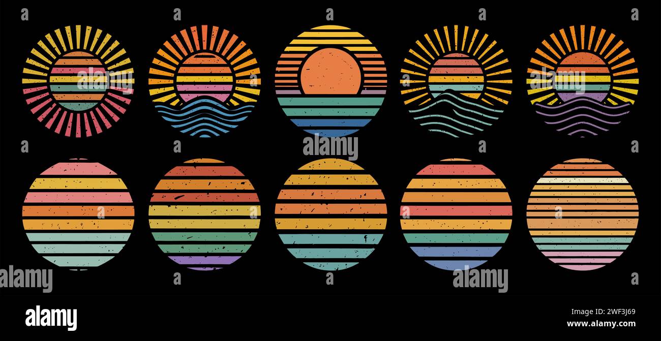 Set of Retro sunset circle badges vector isolated Stock Vector Image ...