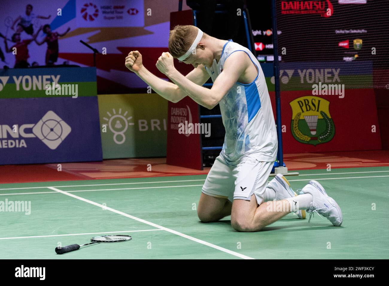 Jakarta, Indonesia. 28th Jan, 2024. Anders Antonsen reacts after ...