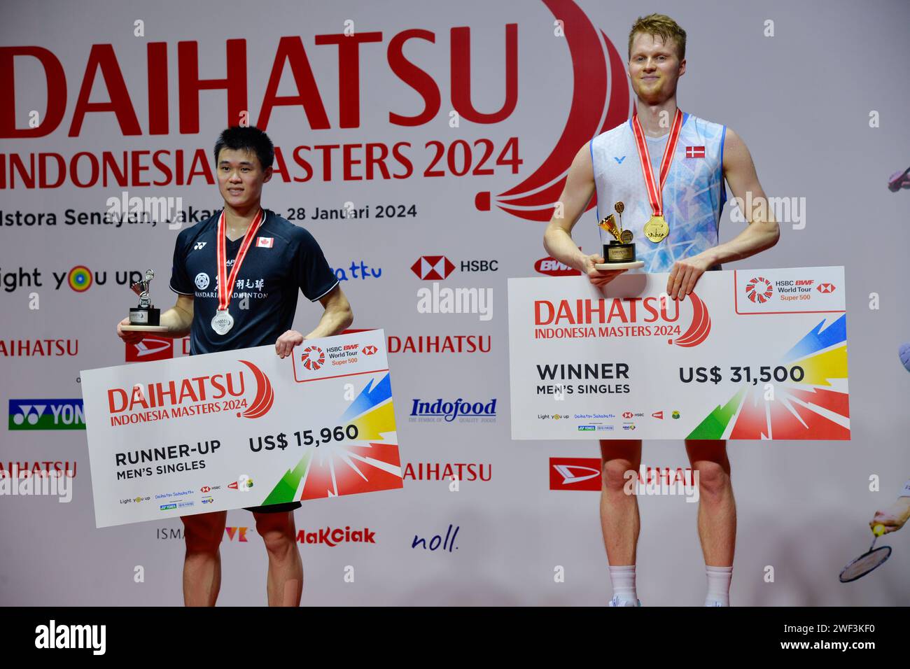 Jakarta, Indonesia. 28th Jan, 2024. Denmark's Anders Antonsen (R) and ...