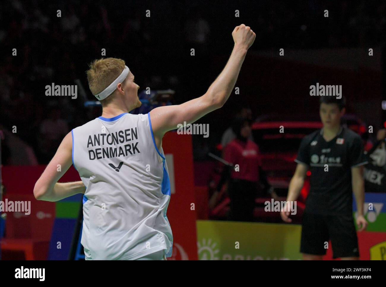 Jakarta, Indonesia. 28th Jan, 2024. Anders Antonsen reacts after ...