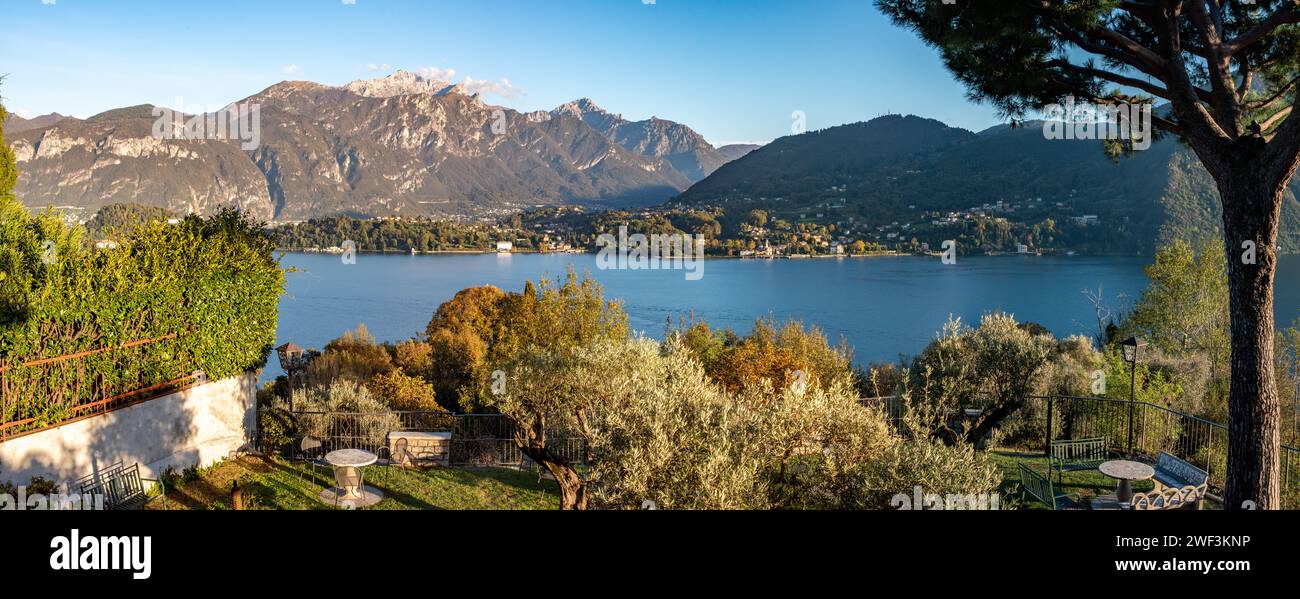 Sunset over Bellagio at lake Como, seen from Tremezzo, Italy Stock ...