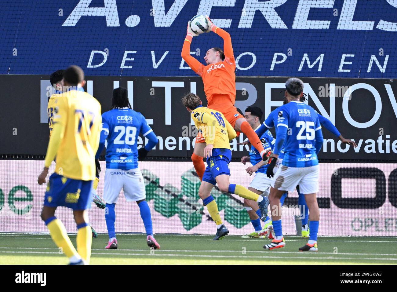 Sint Truiden, Belgium . 28th Jan, 2024. Maarten Vandevoordt of Genk battles for the ball with ...