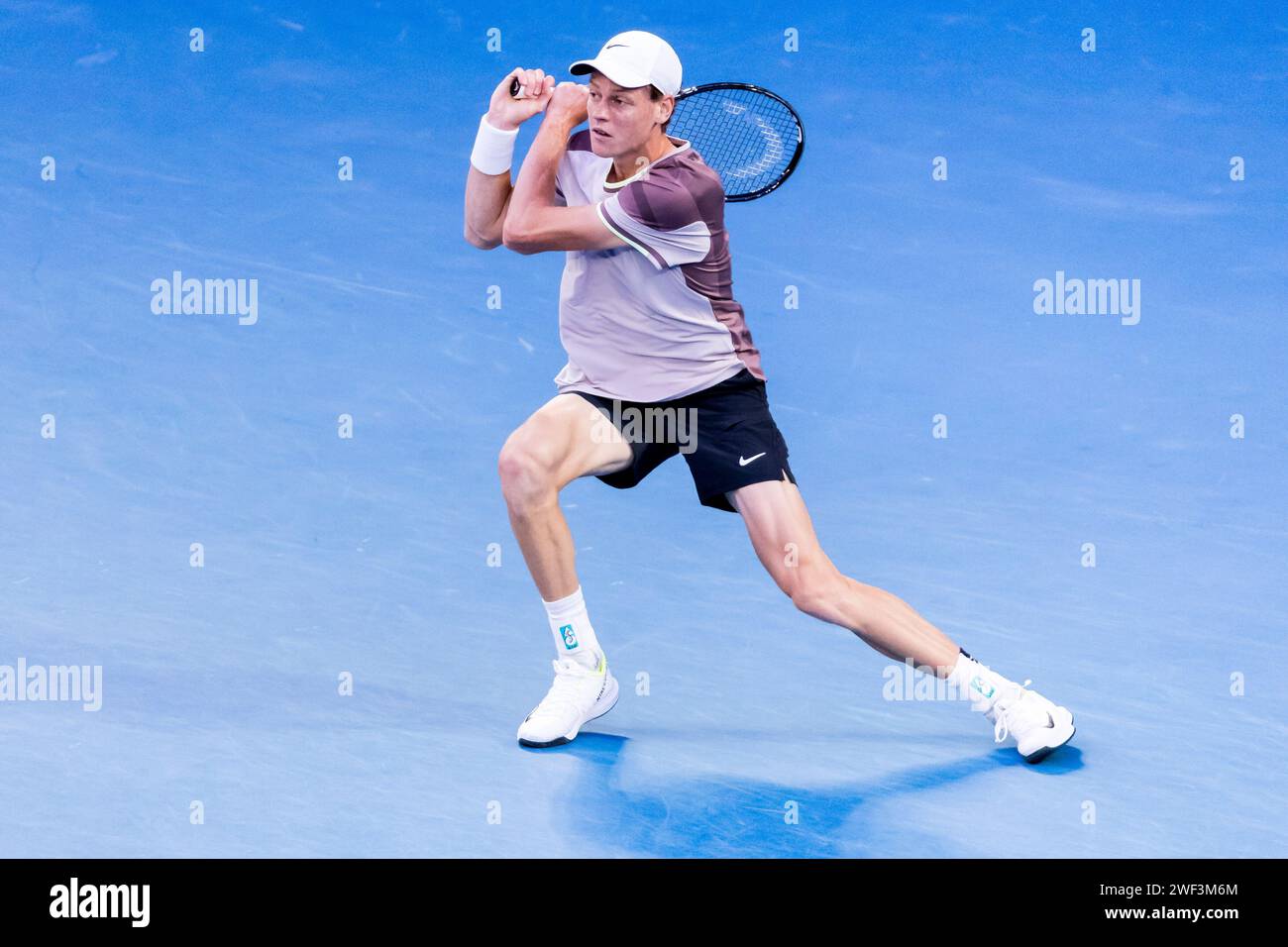 MELBOURNE, VIC - JANUARY 28: Jannik Sinner of Italy in action during ...