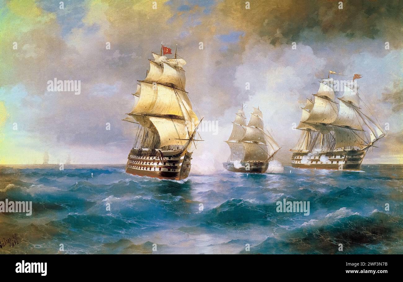 It depicts three ships in close combat on a rough hi-res stock ...