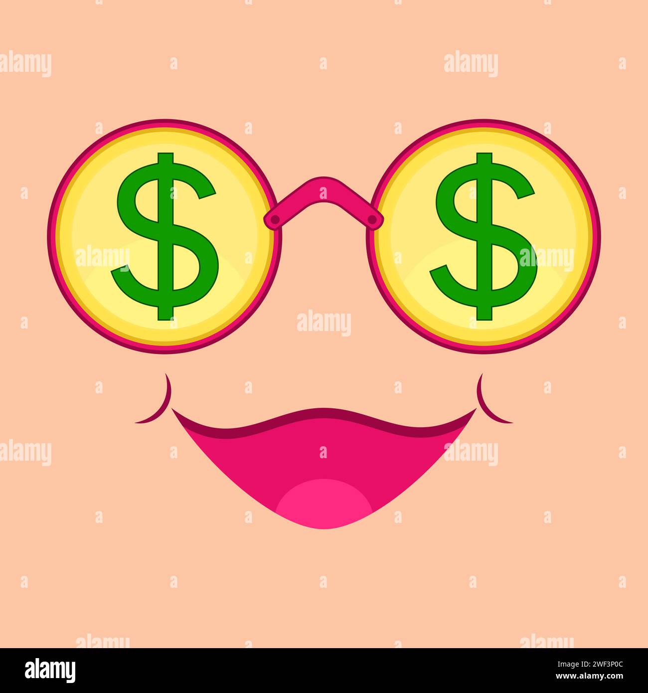 Gold coins with dollar sign. Pink round glasses and a face with a smile ...