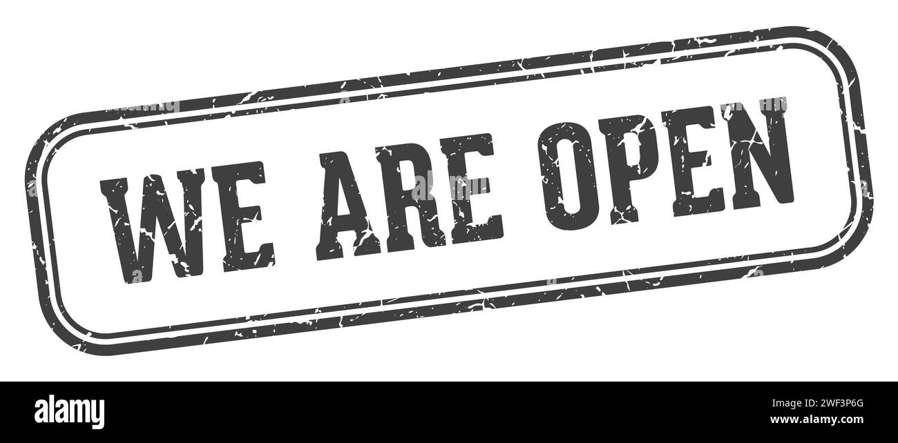 we are open stamp. we are open rectangular stamp isolated on white ...