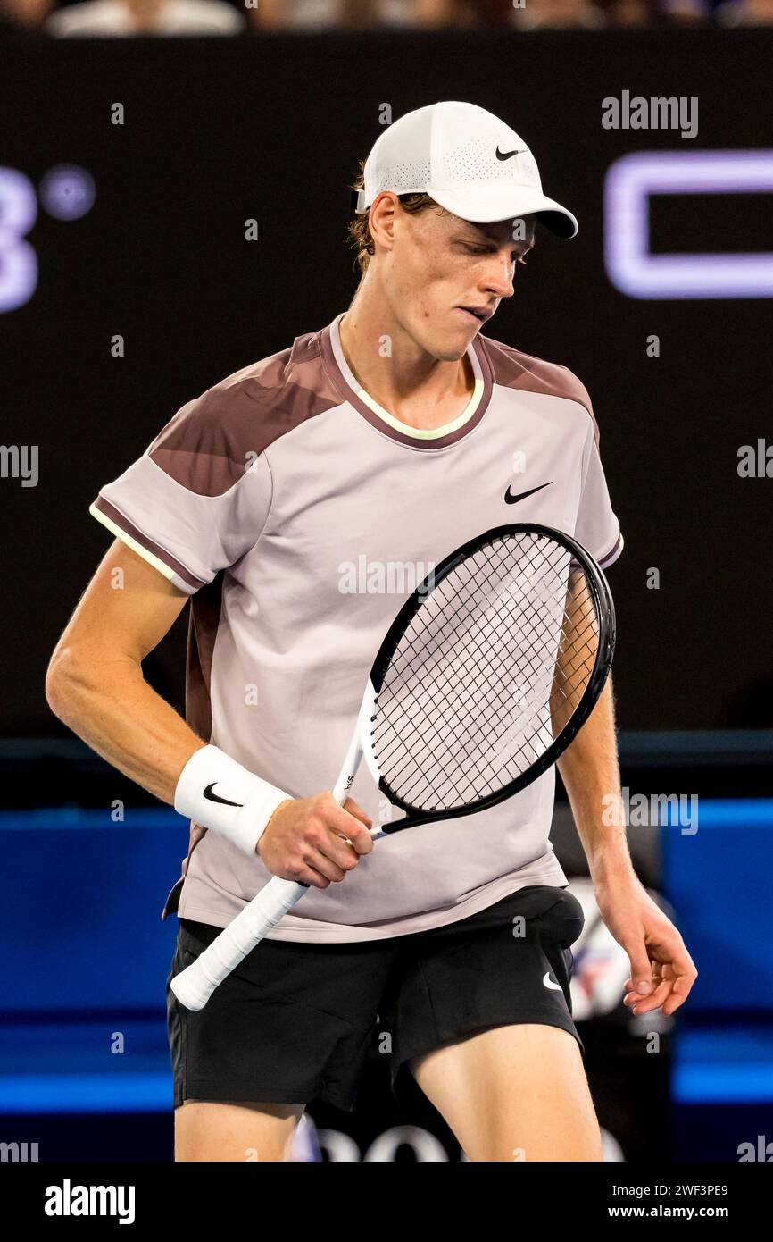 MELBOURNE, VIC - JANUARY 28: Jannik Sinner of Italy in action during ...