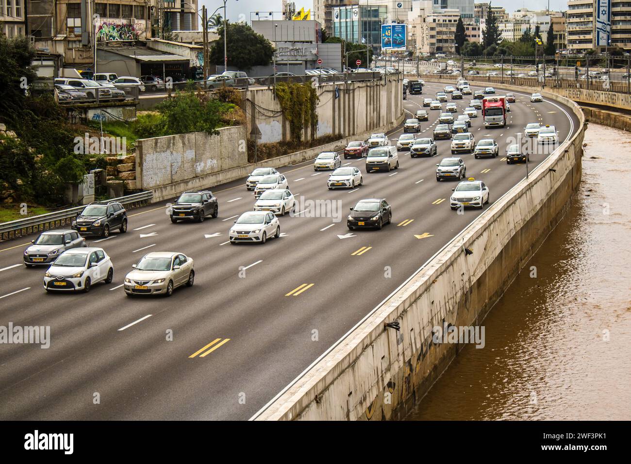 Tel Aviv, Israel – January 28, 2024 Heavy car traffic on the highway ...