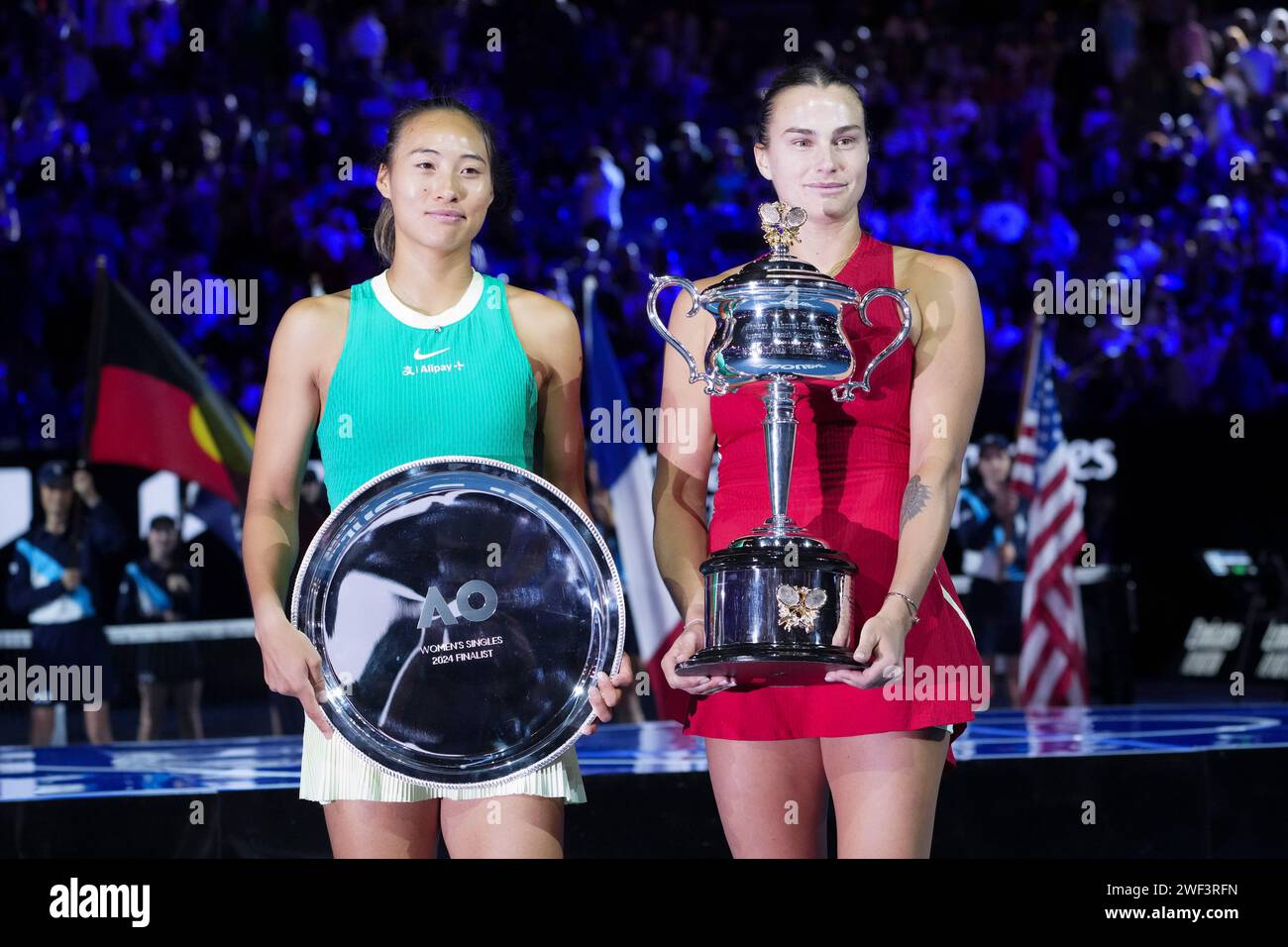Beijing, Australia. 27th Jan, 2024. Aryna Sabalenka (R) of Belarus and Zheng Qinwen of China ...