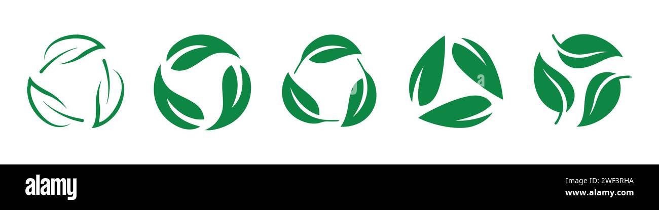 Leaf recycling symbol icon set. Biodegradable leaf recycling symbol set in green color ...