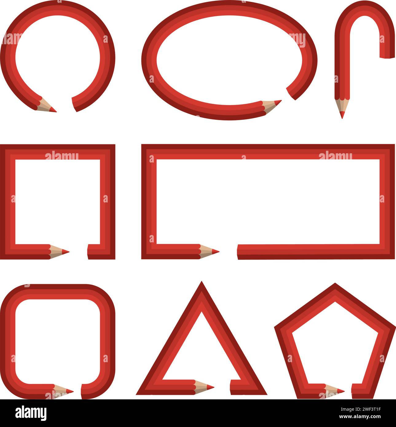 Red pencils forming various 3D geometric shapes on a white background ...