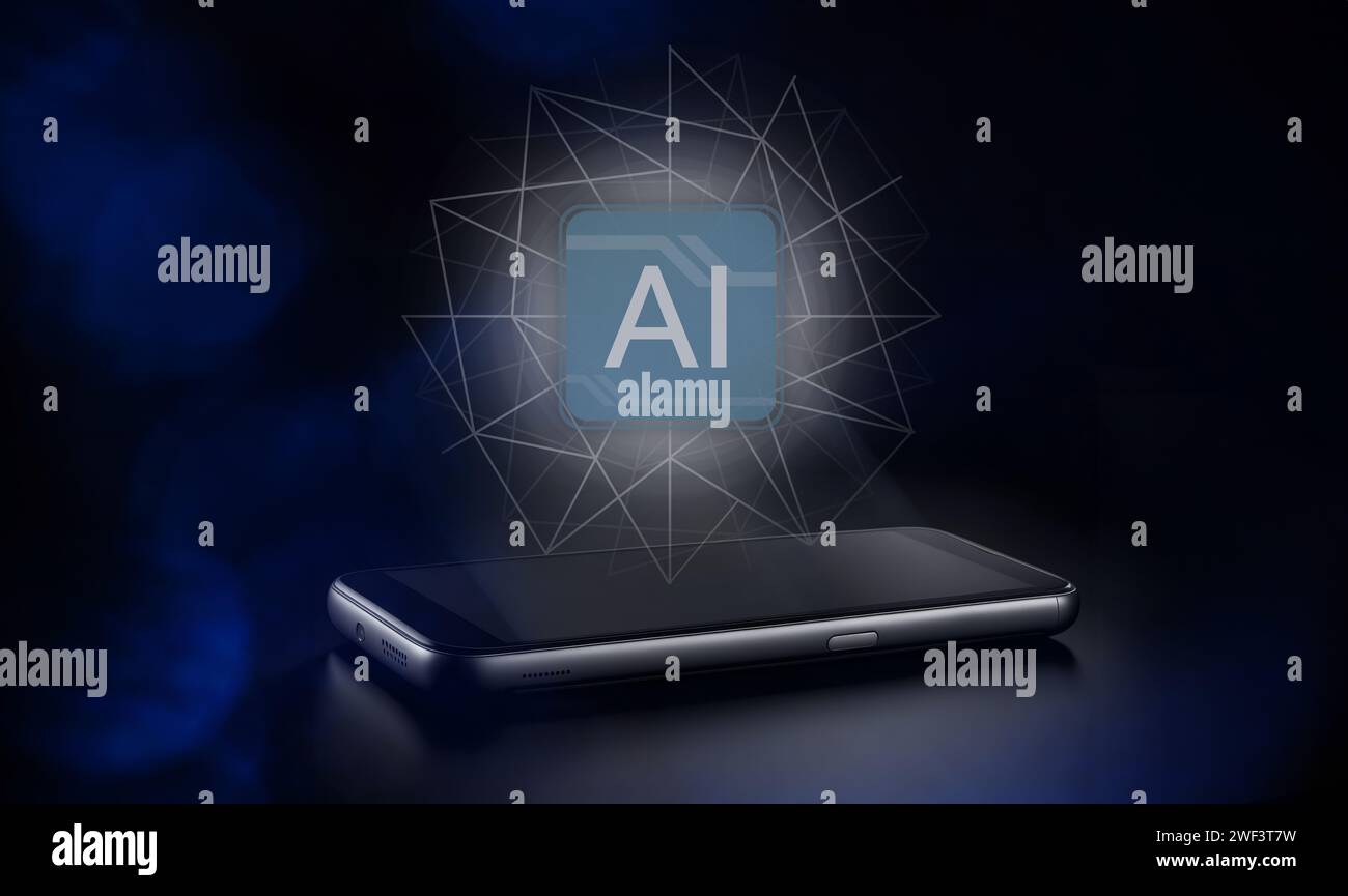 Smartphone isolated on black background. Artificial Intelligence app on ...