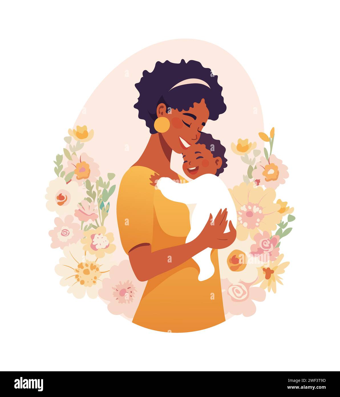 Happy black woman hugging her baby, beautiful flat vector cartoon illustration for mother s day ...