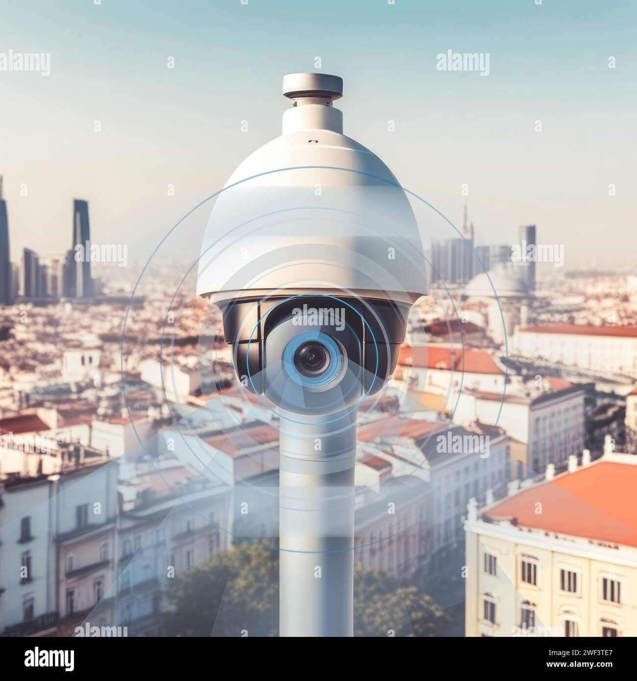 Camera surveillance system live monitoring. City street security, motion and face identity ...
