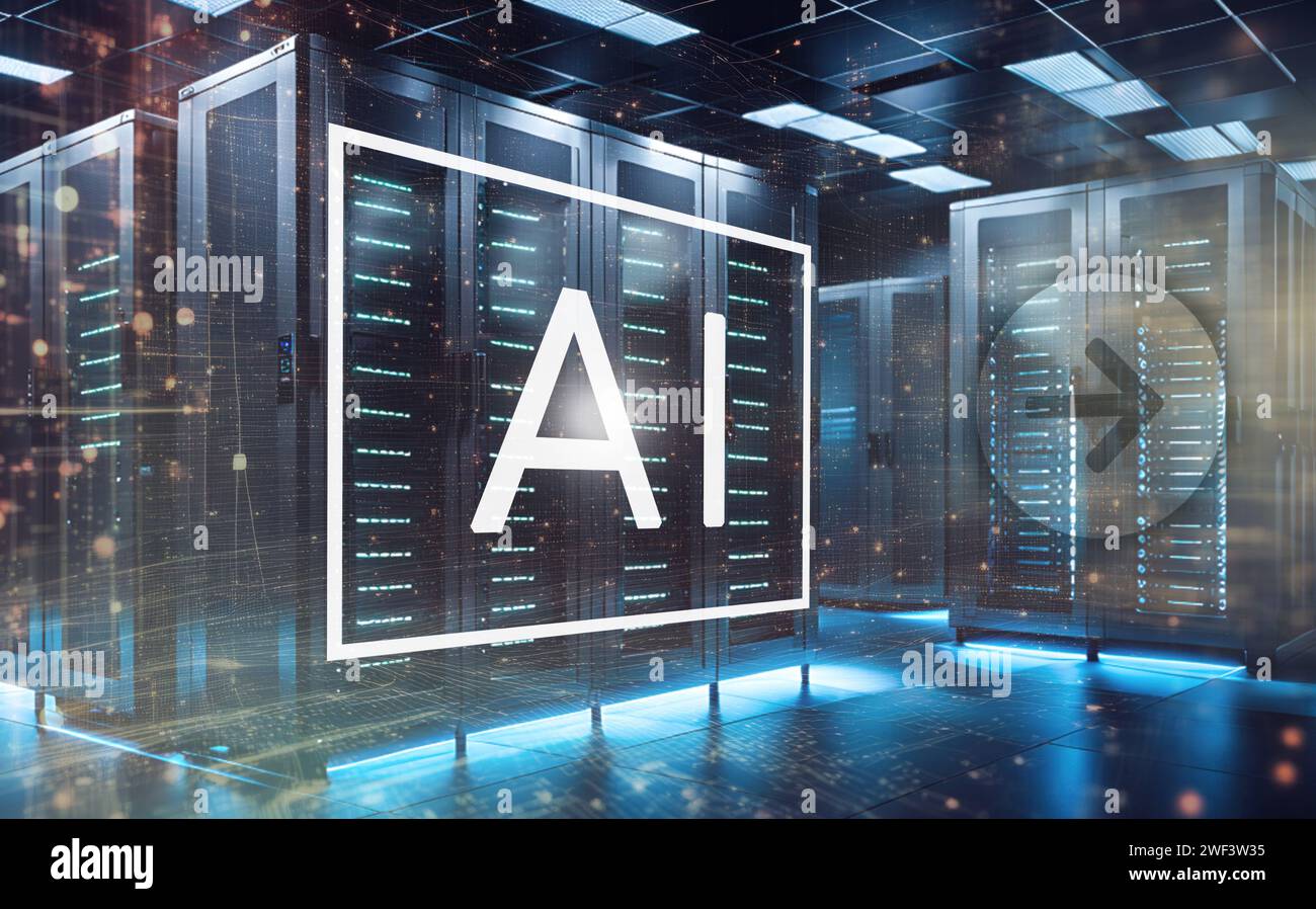 Datacenter with graphs and AI icons. Cloud storage technology ...