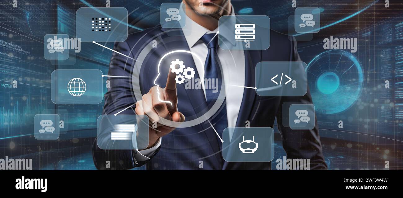 Businessman touch virtual screen with AI application. Man generate ...