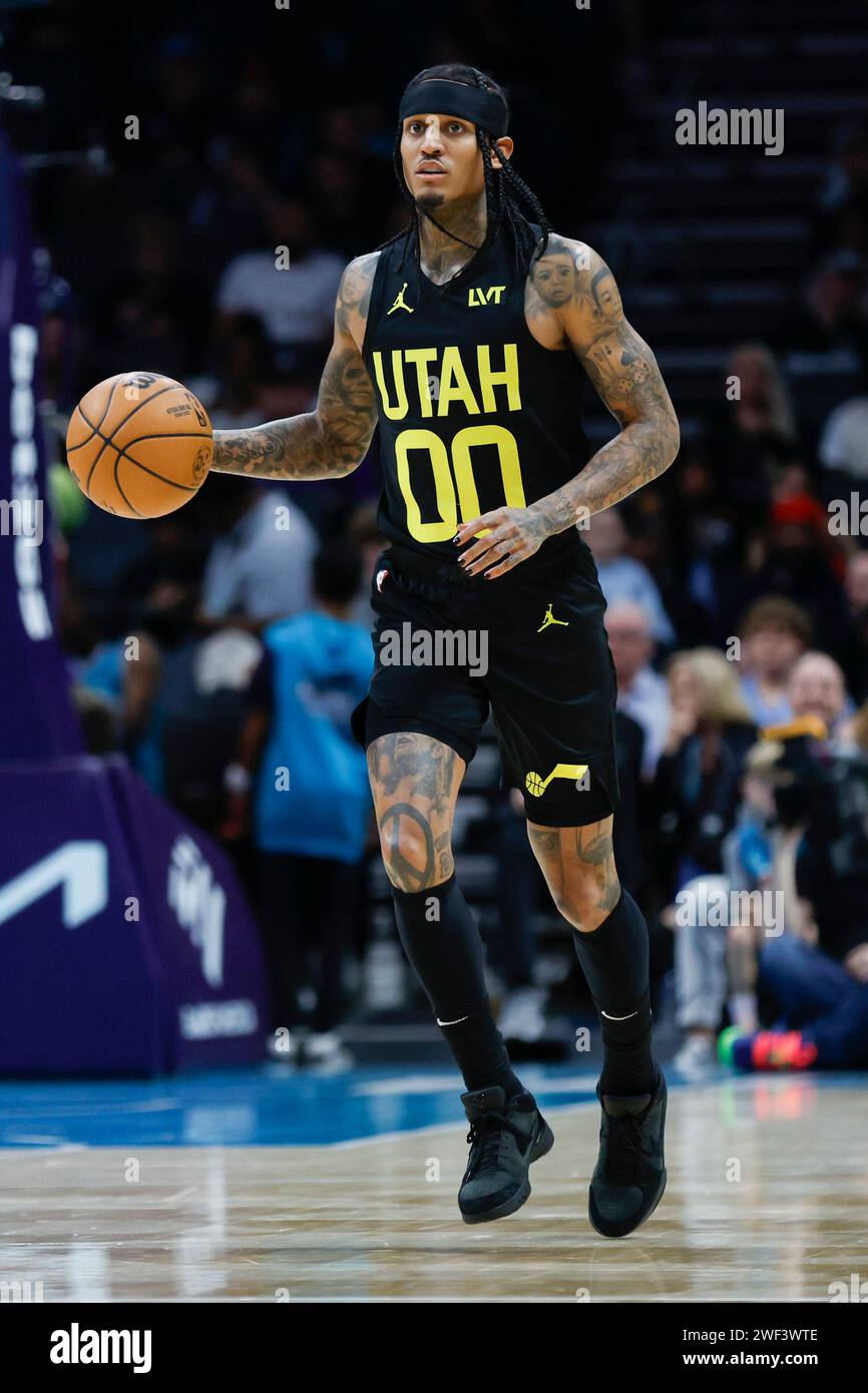 Utah Jazz guard Jordan Clarkson brings the ball up court against the ...