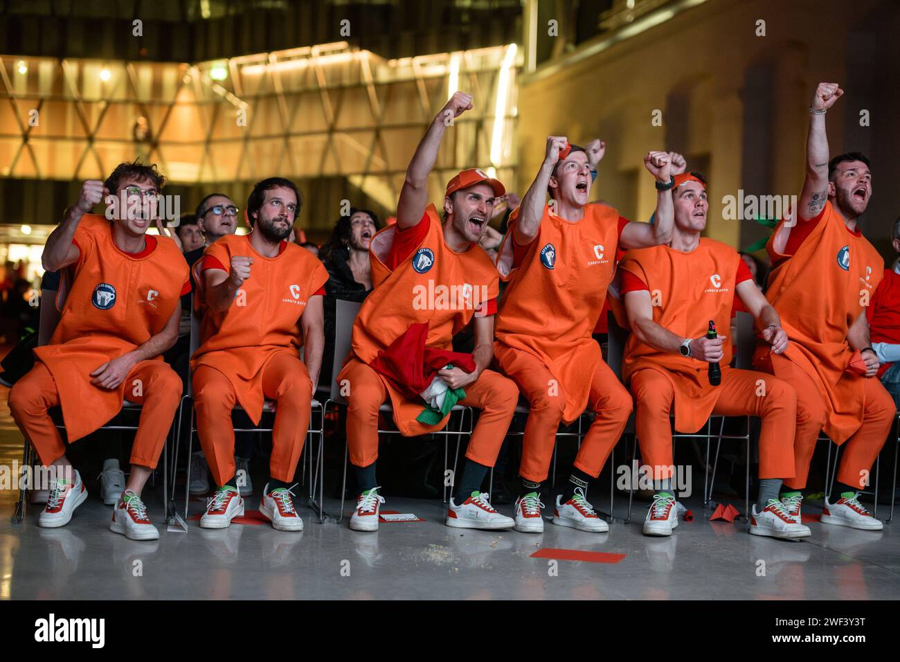 Turin, Italy. 28 January 2024. Fans celebrate a point during an event ...
