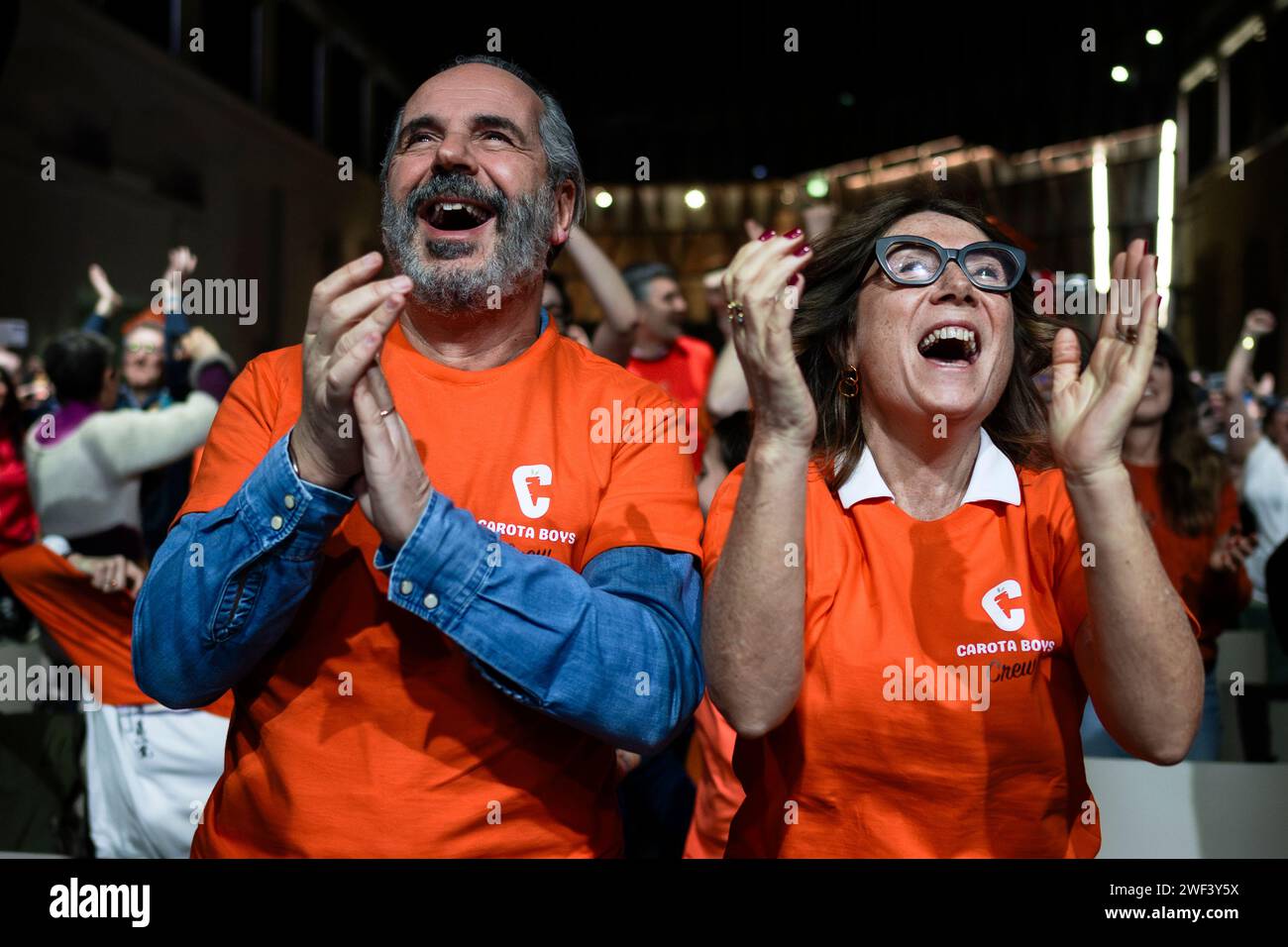 Turin, Italy. 28 January 2024. Fans celebrate the victory of Jannik ...