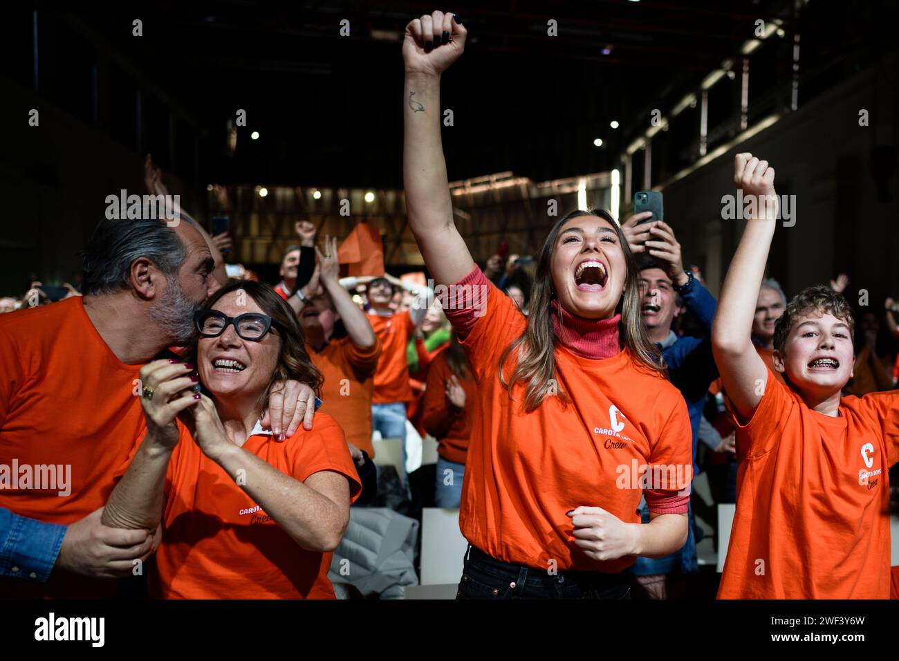 Turin, Italy. 28 January 2024. Fans celebrate the victory of Jannik ...