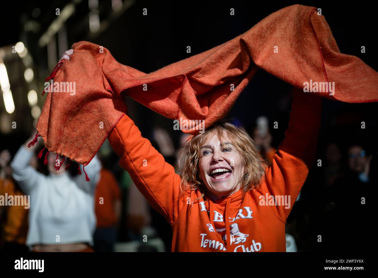 Turin, Italy. 28 January 2024. A fan celebrates the victory of Jannik ...