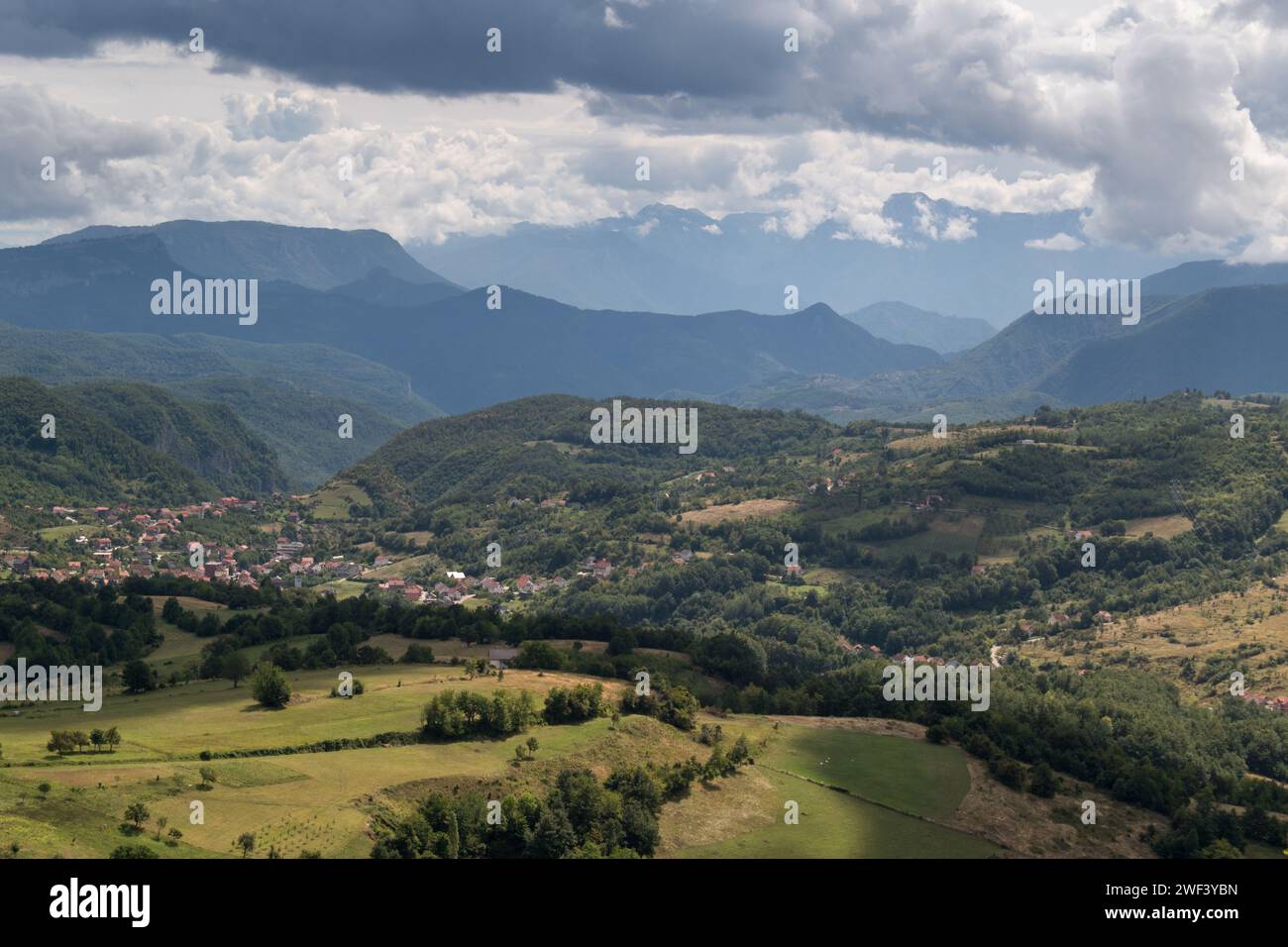 Settlement in valley surrounded with mountains, countryside near Prozor ...