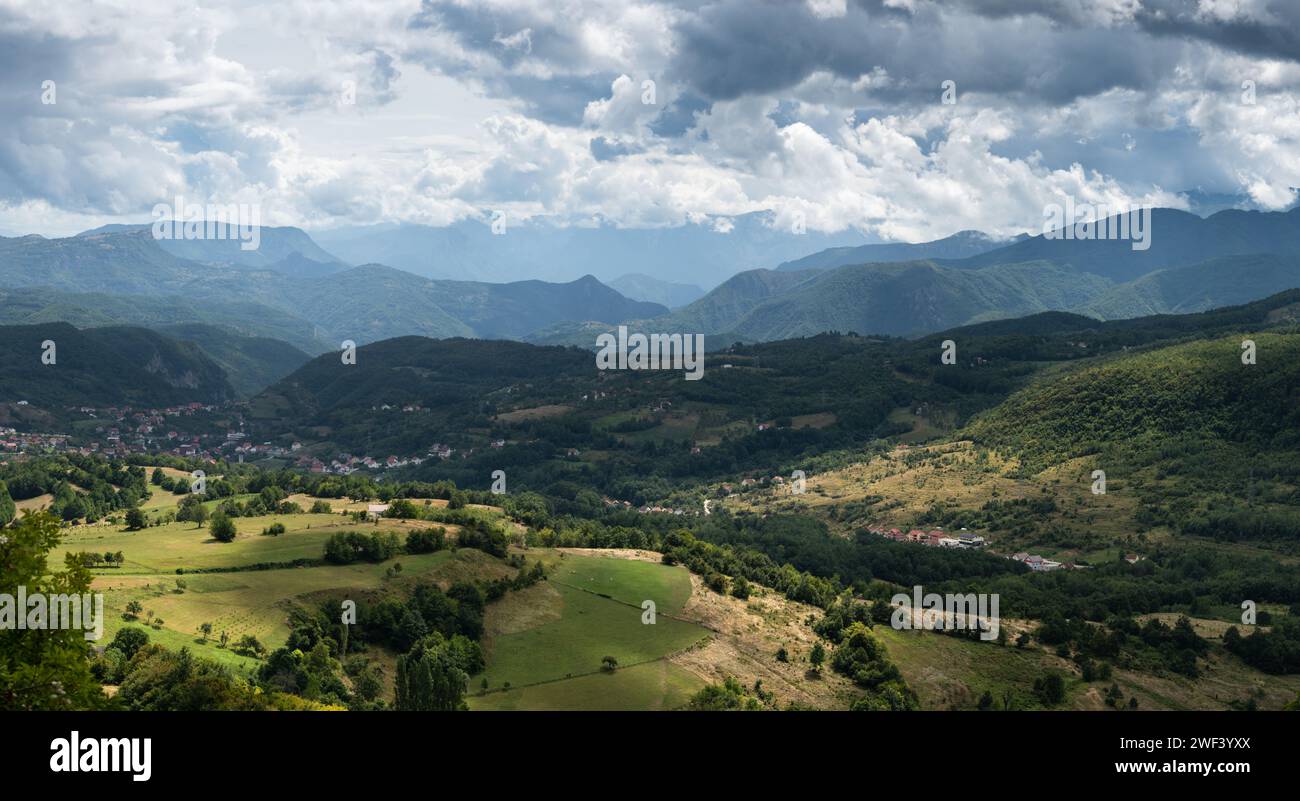 Settlement in valley surrounded with mountains, countryside near Prozor ...