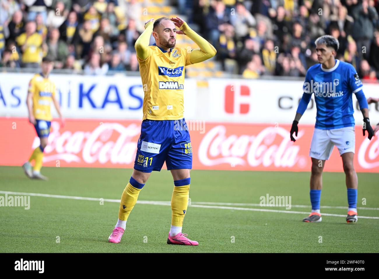 Sint Truiden, Belgium . 28th Jan, 2024. Fatih Kaya of STVV looks dejected during a football game ...