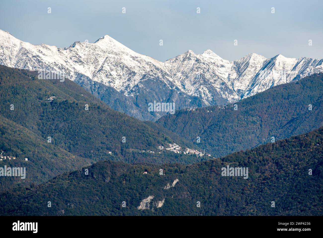 Magnificent view of the southern Alps seen from Monte Crocione at lake ...