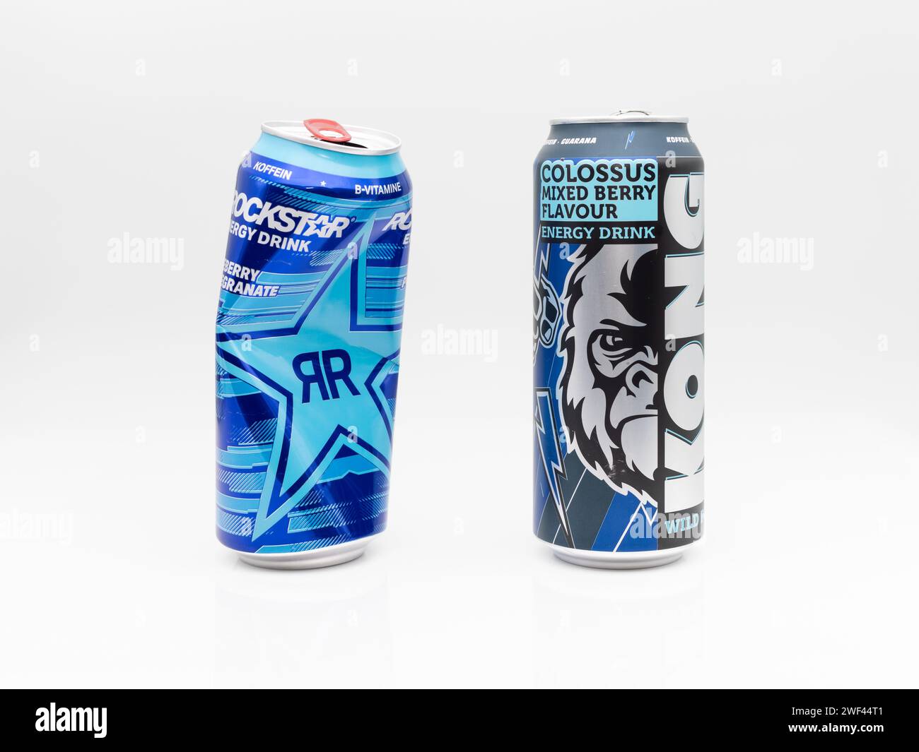 Lidl Kong Strong versus Rockstar Energy Drink Berry flavor. The blue ...