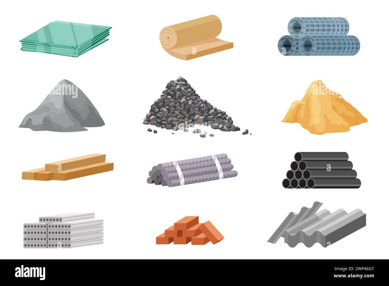 Building and renovation materials set. Pile of sand and stones, metal ...