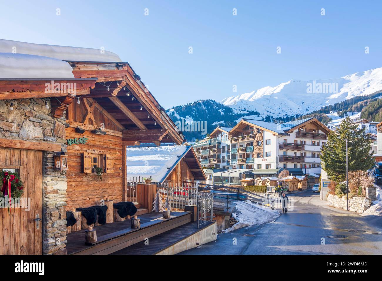 village Fiss, restaurant, hotels, Samnaun Alps Stock Photo - Alamy