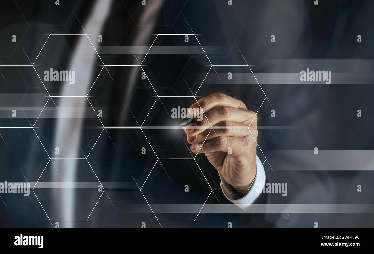 Businessman touch with a digital pen a hologram with futuristic ...