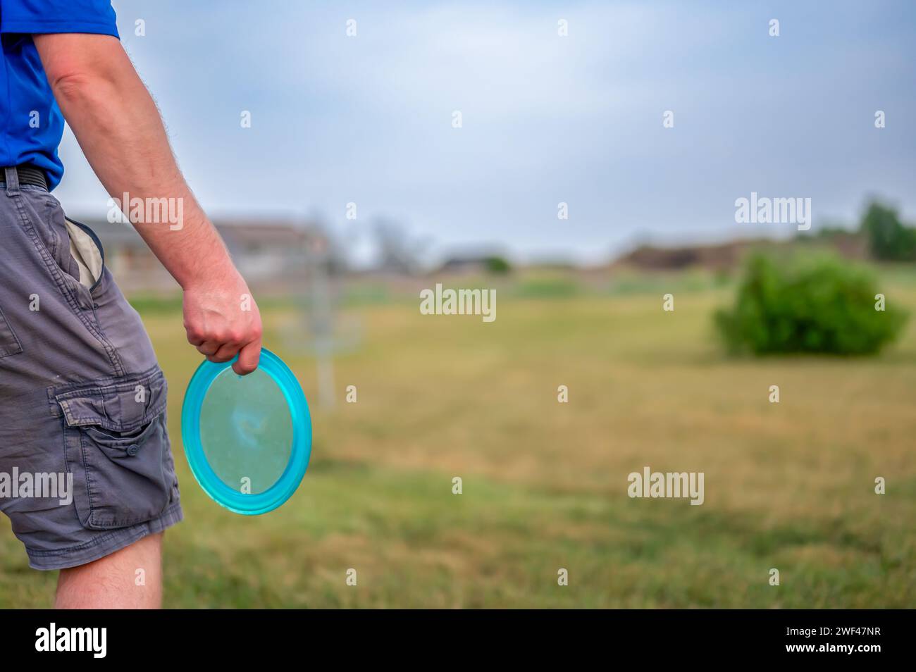 Caucasian adult male studying the green before tossing a disc towards ...
