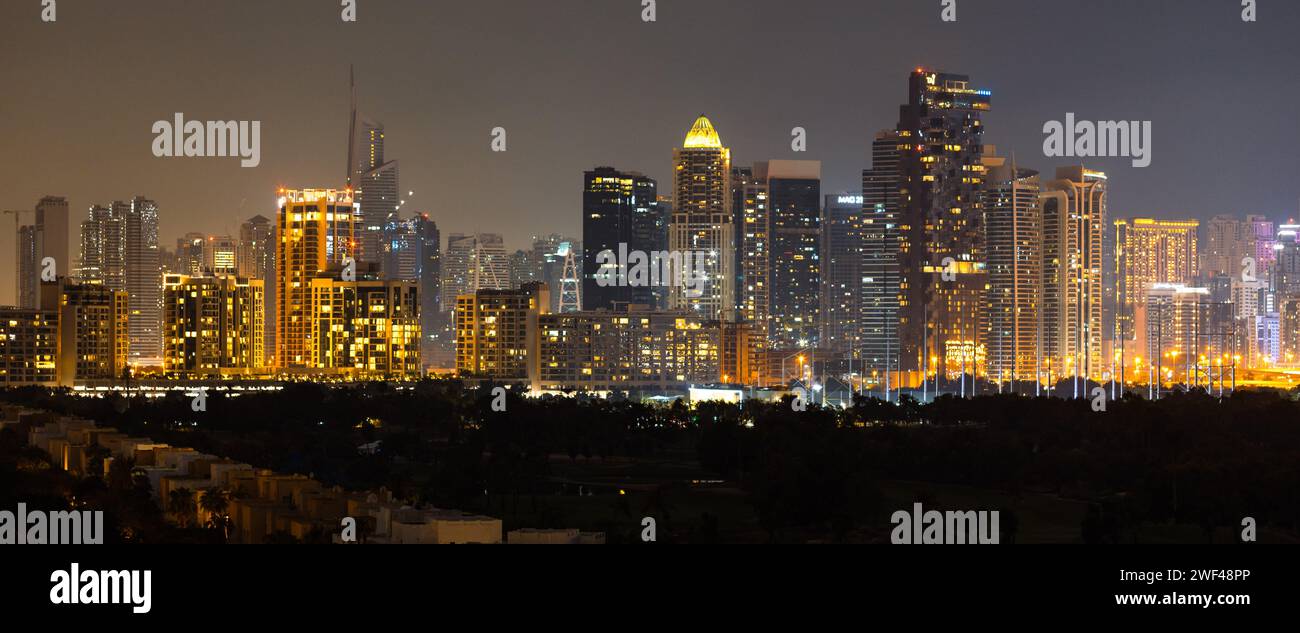 Night panorama of a downtown Dubai area. Banner, wide format Stock ...