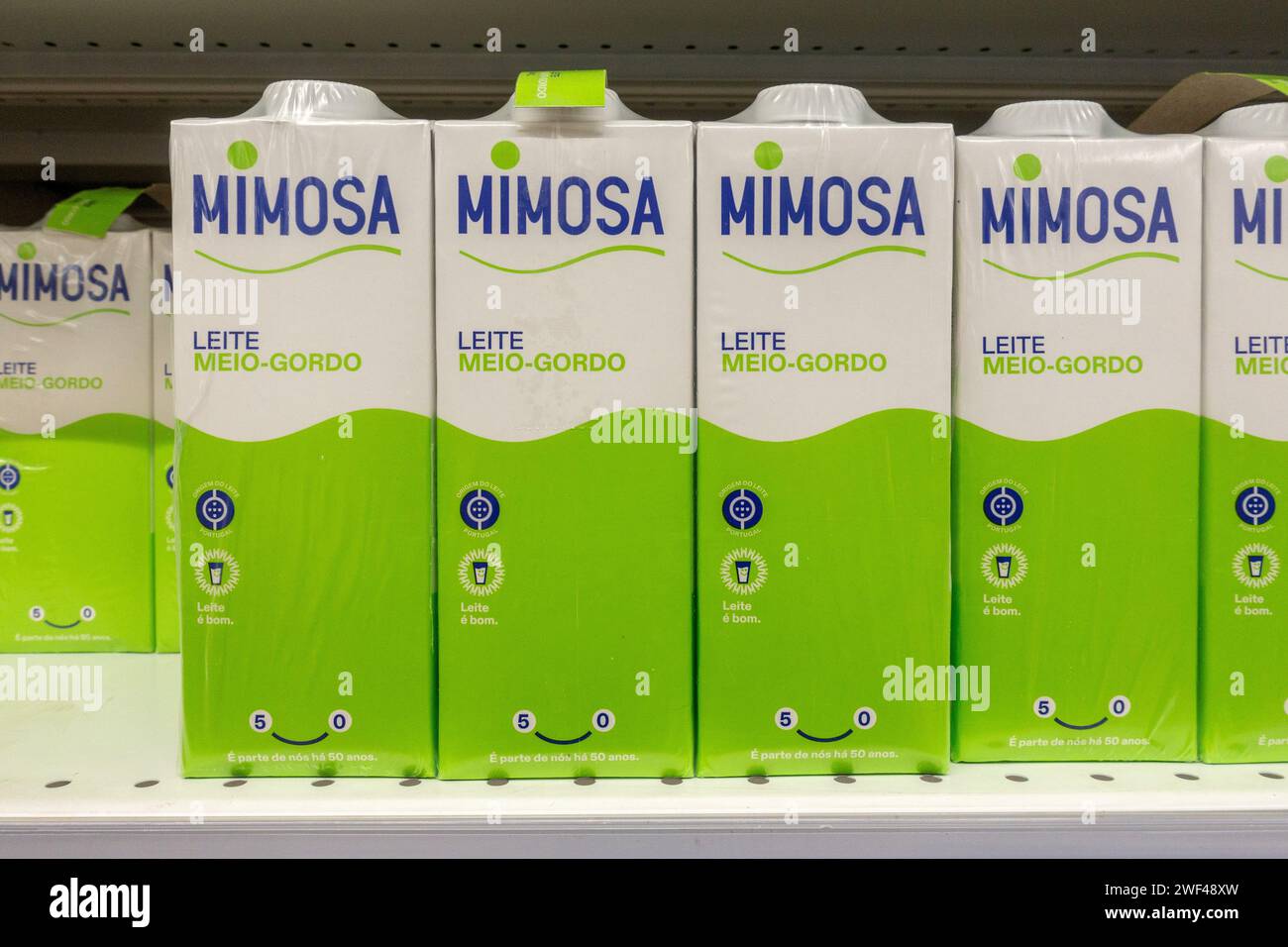 Portuguese UHT Milk Cartons Semi Skimmed Milk On A Supermarket Shelf ...