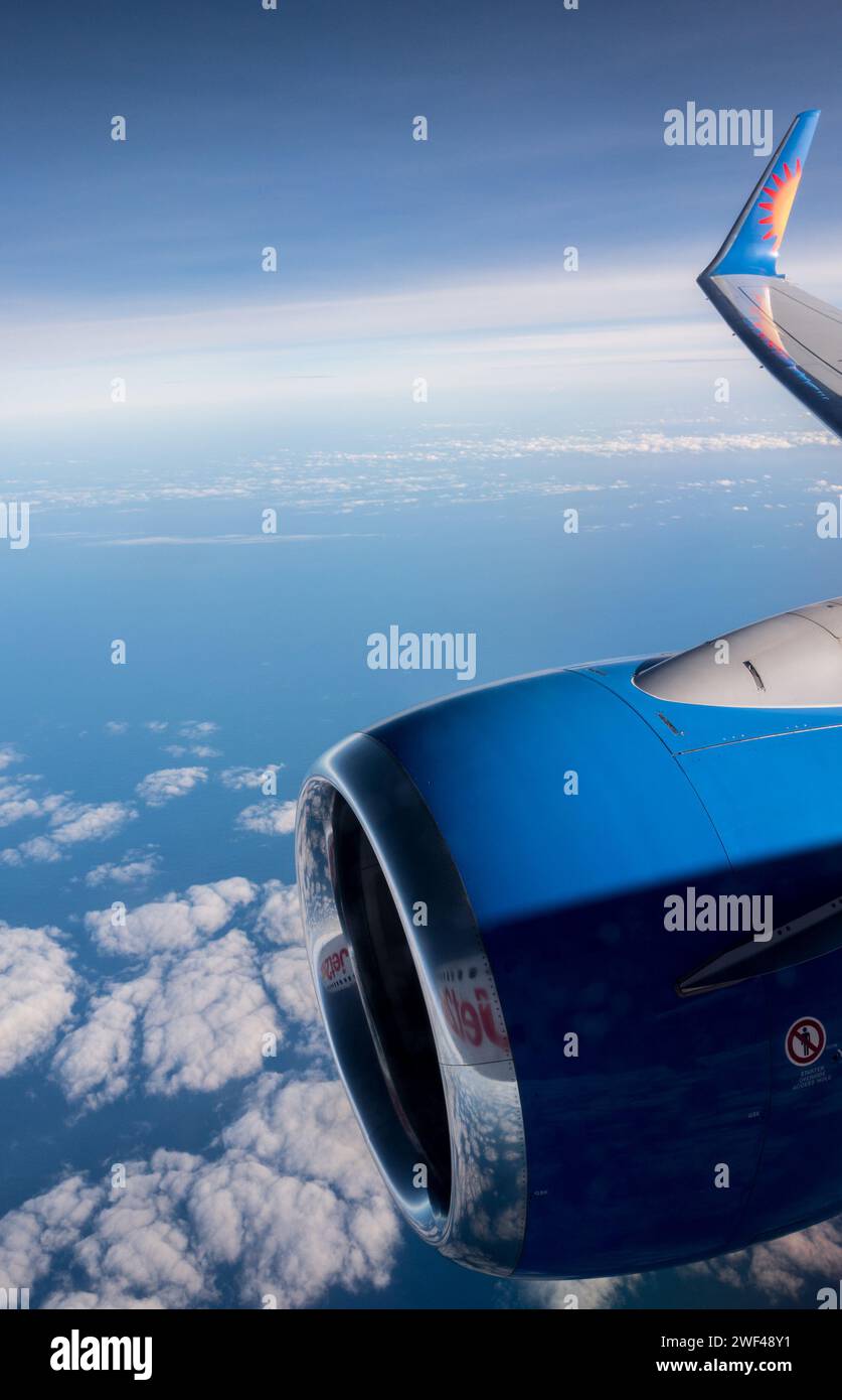 Jet2 Boeing 737-800 passenger jet wing and CFM56-7B engine in-flight ...