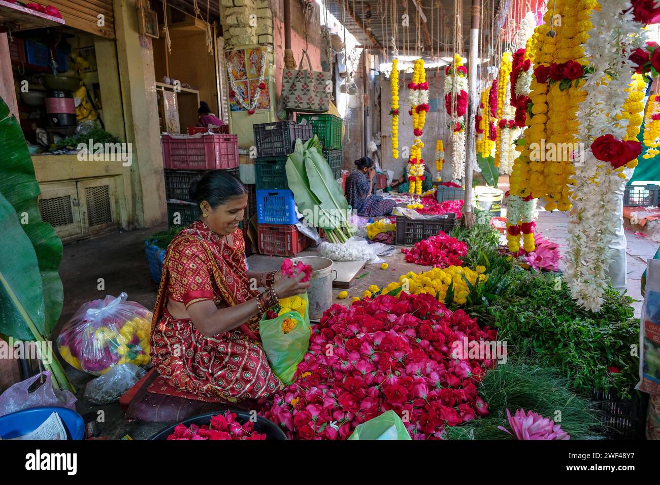 Vadodara, India - January 14, 2024: Flower sellers at the Khanderao ...